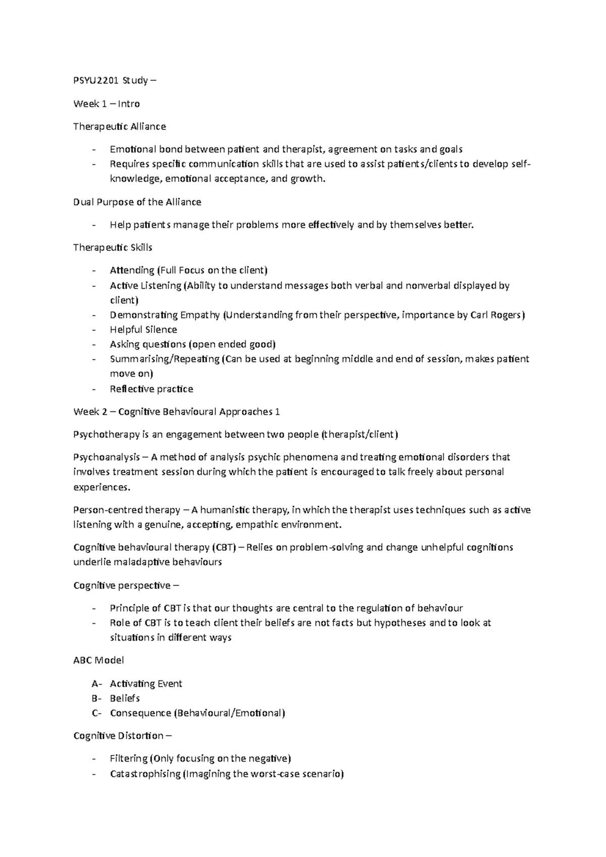 PSYU2201 Study Notes - PSYU2201 Study – Week 1 – Intro Therapeutic ...