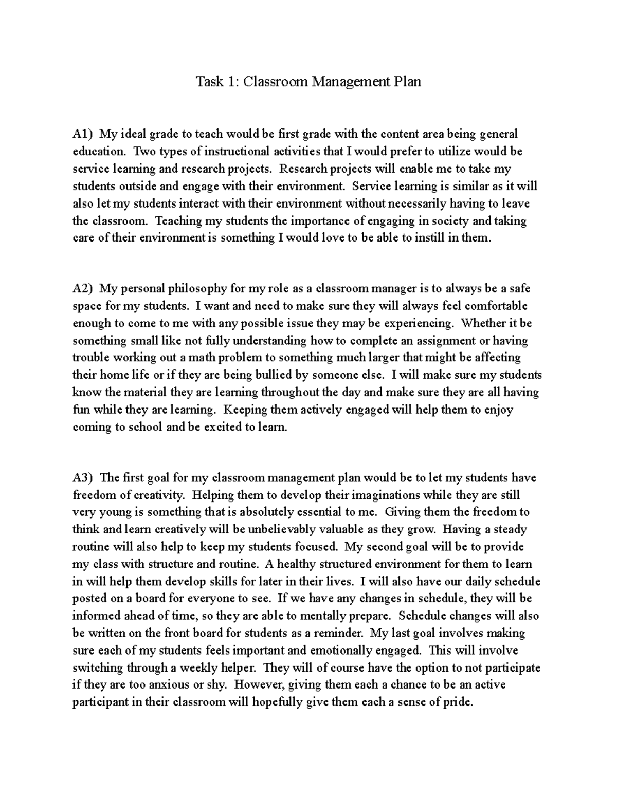 DKM3 TASK 1 Classroom Management Plan - Task 1: Classroom Management ...