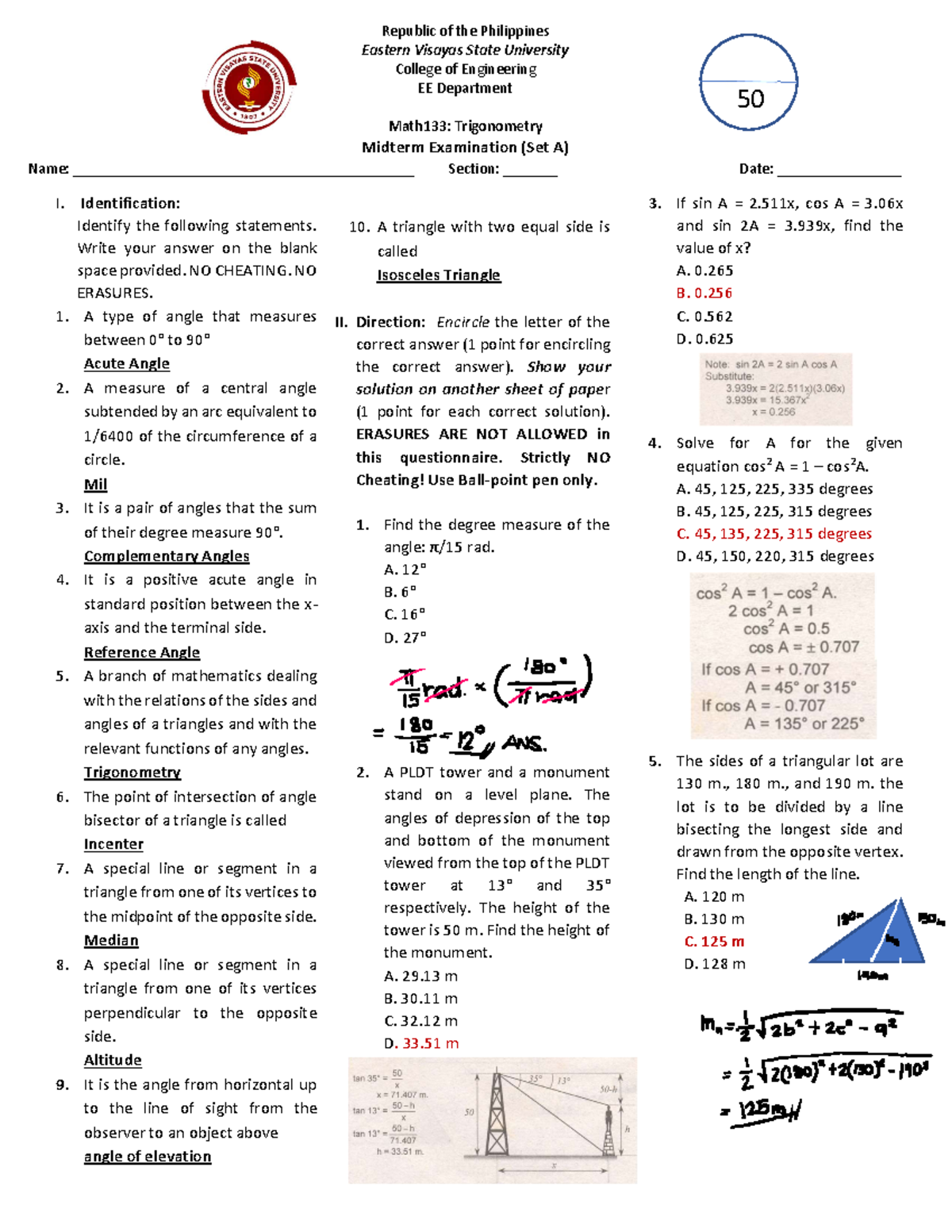 Answer Key (Midterm Trigonometry) - Republic of the Philippines Eastern ...