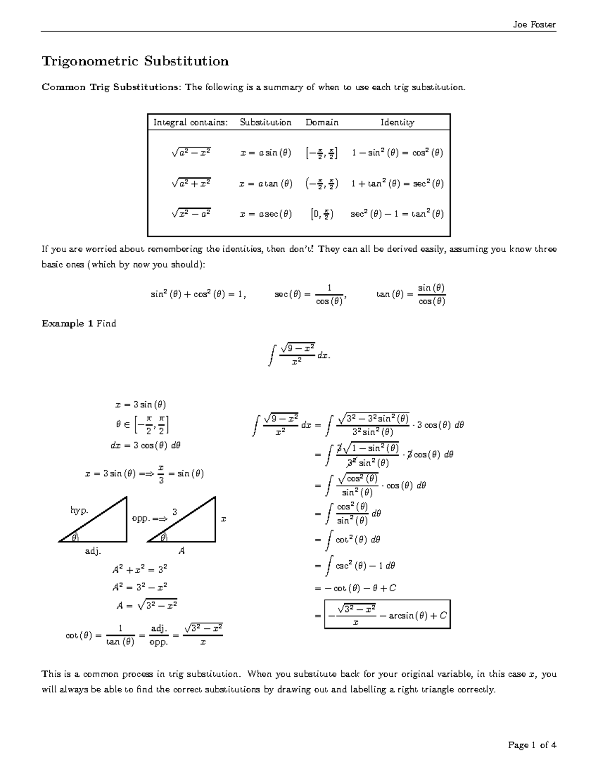 3 - Trigonometric Substitution - Joe Foster Trigonometric Substitution ...