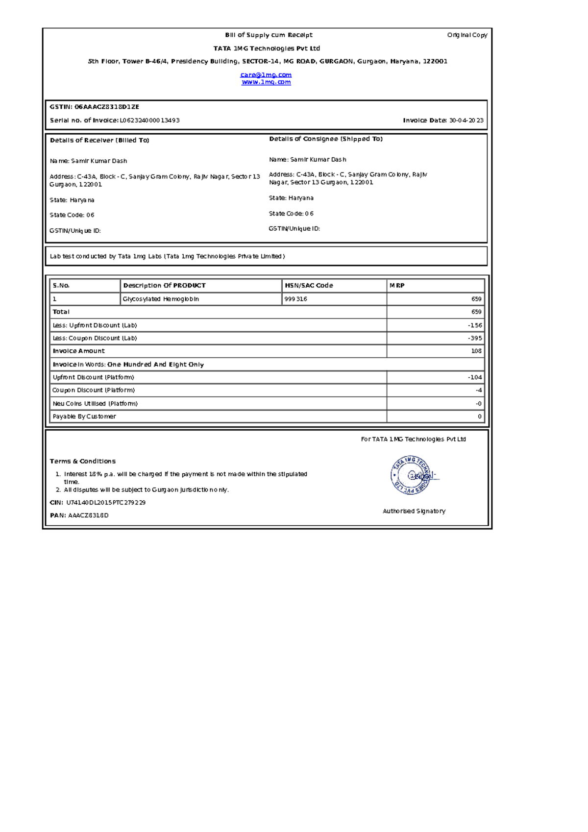 Test Invoice - dgbhcgywuwEHDYWNDK - Original Copy Invoice Date: 30-04 ...
