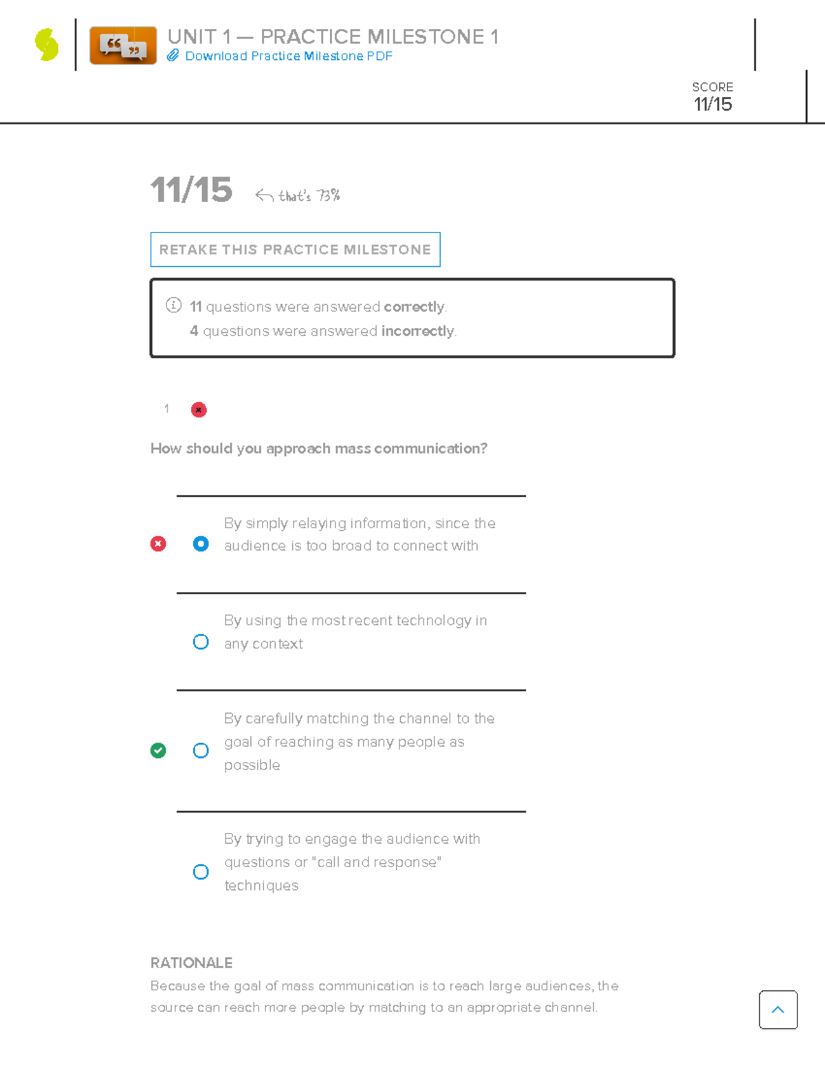 COM Practice Milestone 1 - 1 11/15 that's 73% RETAKE THIS PRACTICE ...