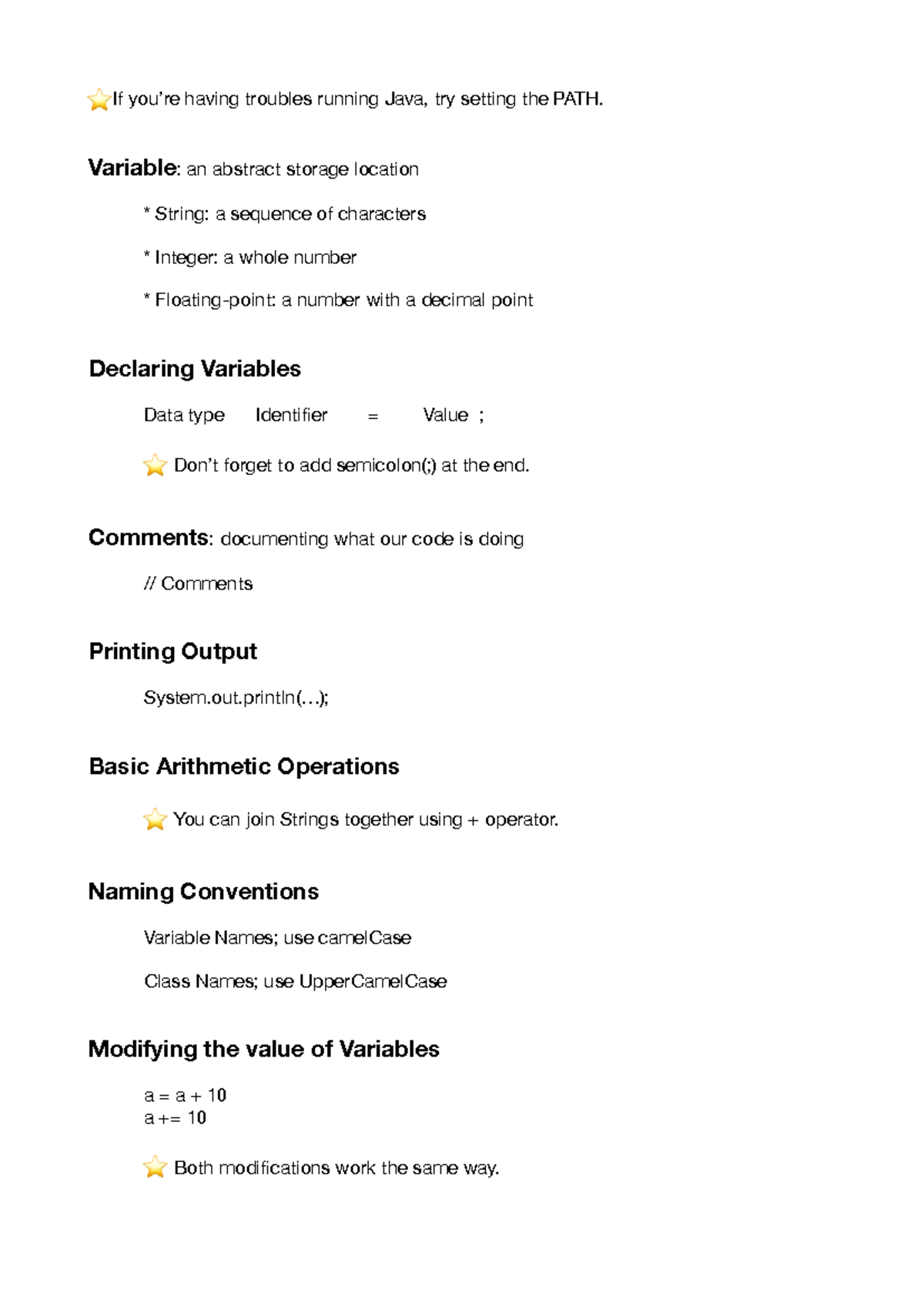 Java first lecture summaries - ⭐ If you’re having troubles running Java ...