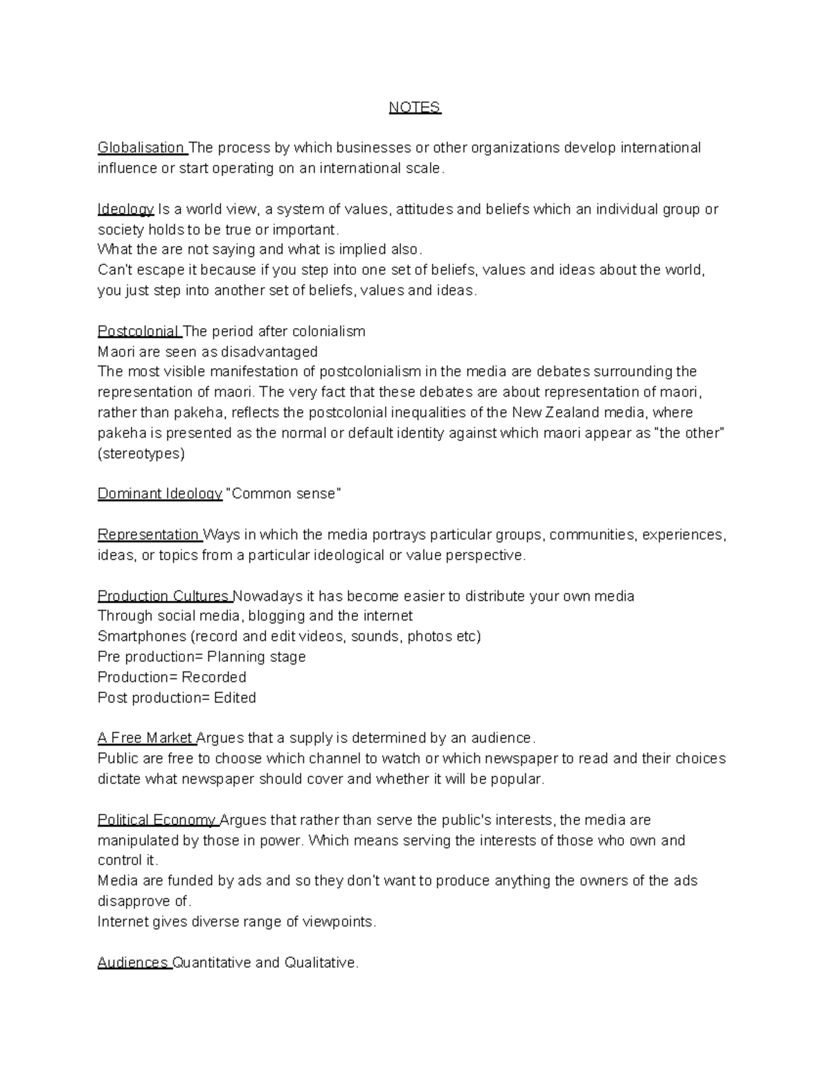Media Summary Notes - NOTES Globalisation process which businesses or ...