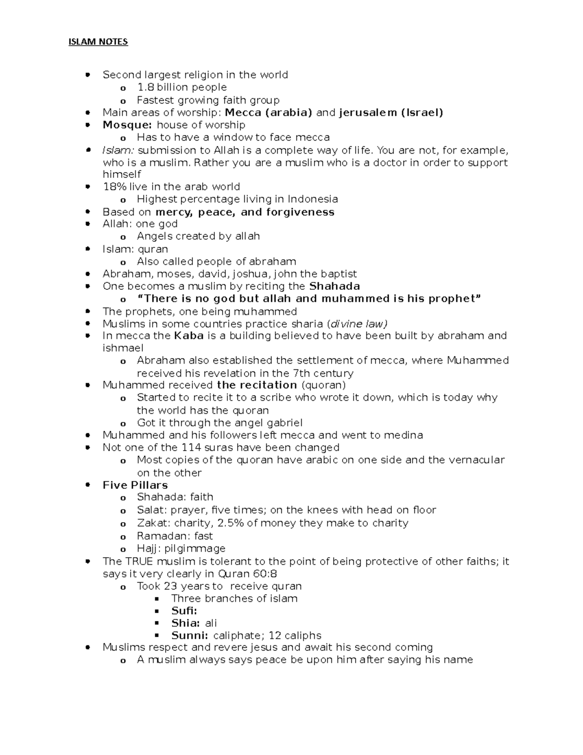 Rel 101 islam notes - ISLAM NOTES Second largest religion in the world ...