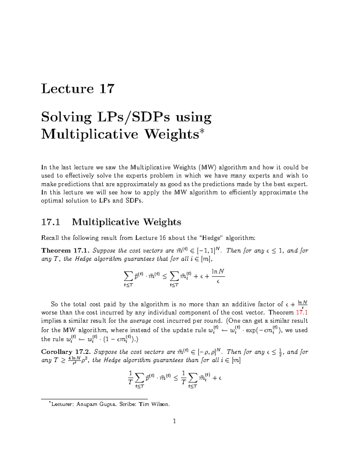 Lecture 17 Linear And Semidefinite Programming By Anupam Gupta And Ryan Odonnell Lecture 