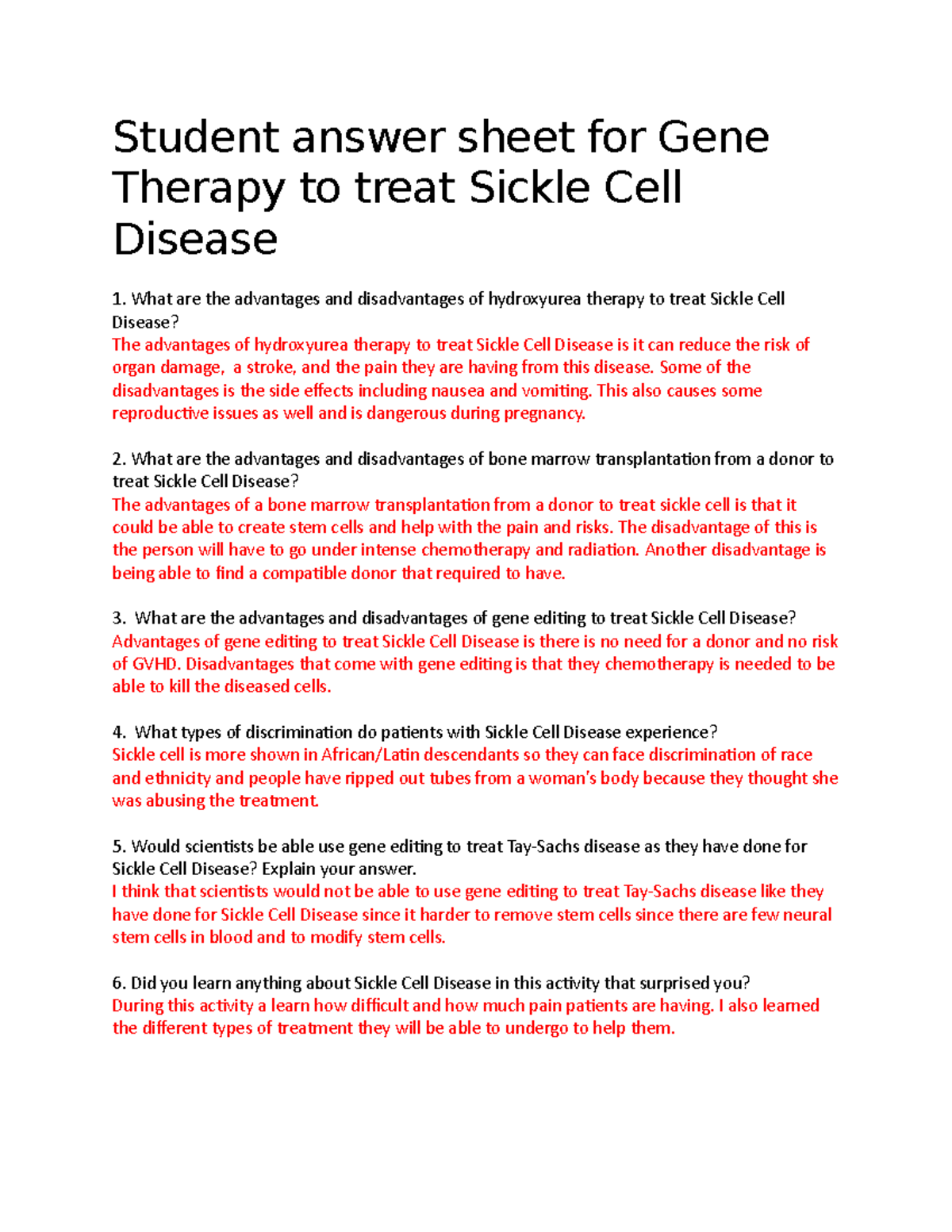Answer sheet for Gene Therapy to treat Sickle Cell Disease - Student ...