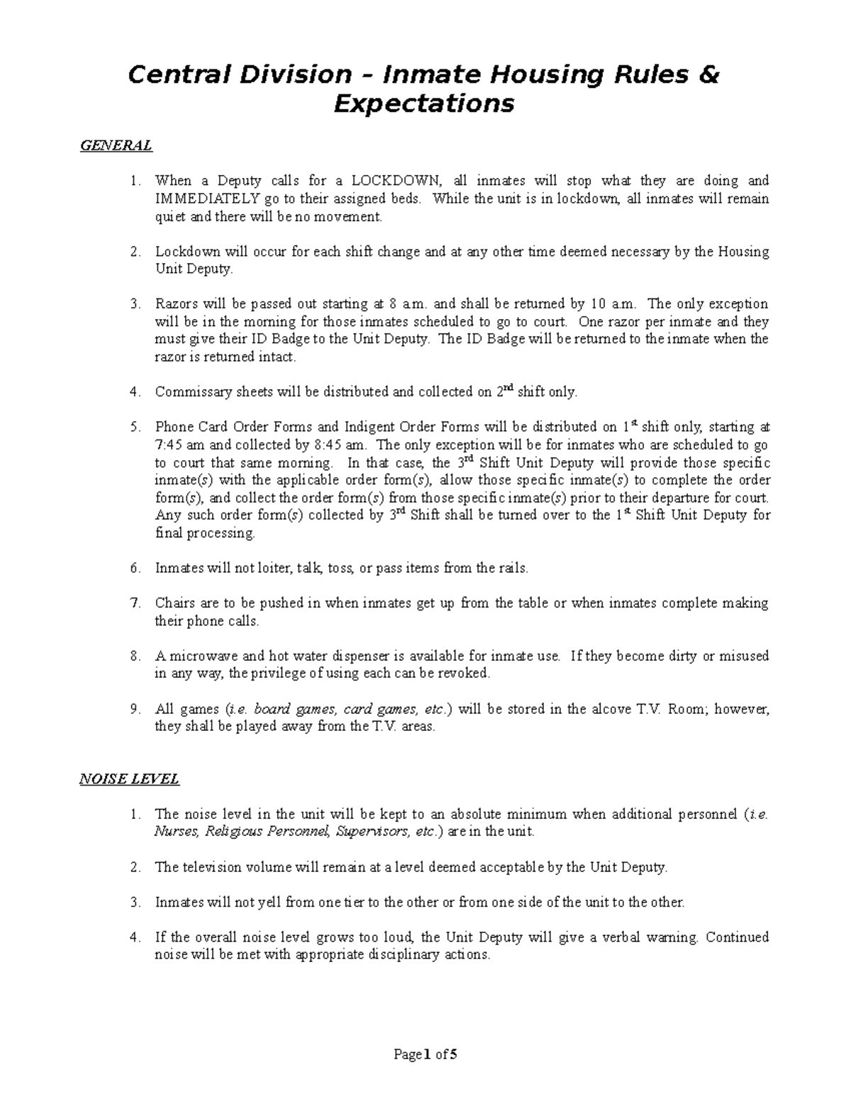 Housing Rules Effective Jan. 16, 2011 - Central Division – Inmate ...