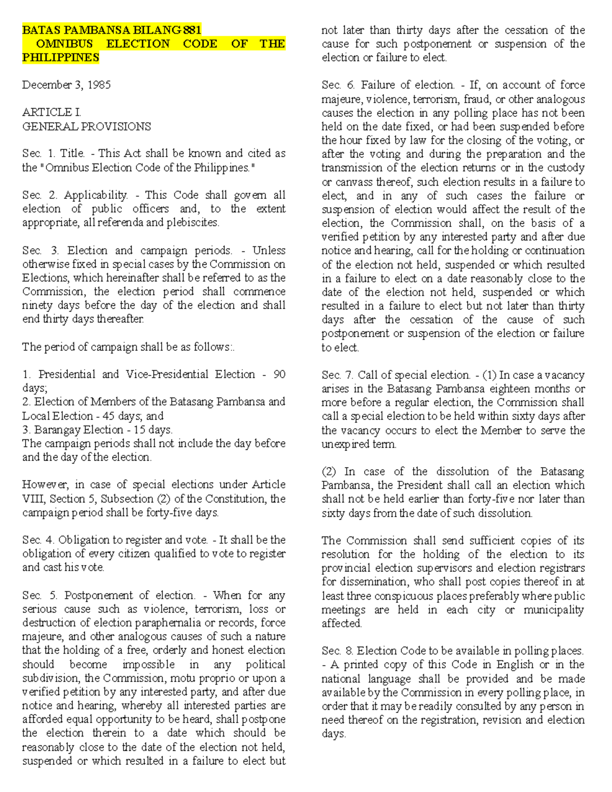 Omnibus Election Code BP 881 - BATAS PAMBANSA BILANG 881 OMNIBUS ...