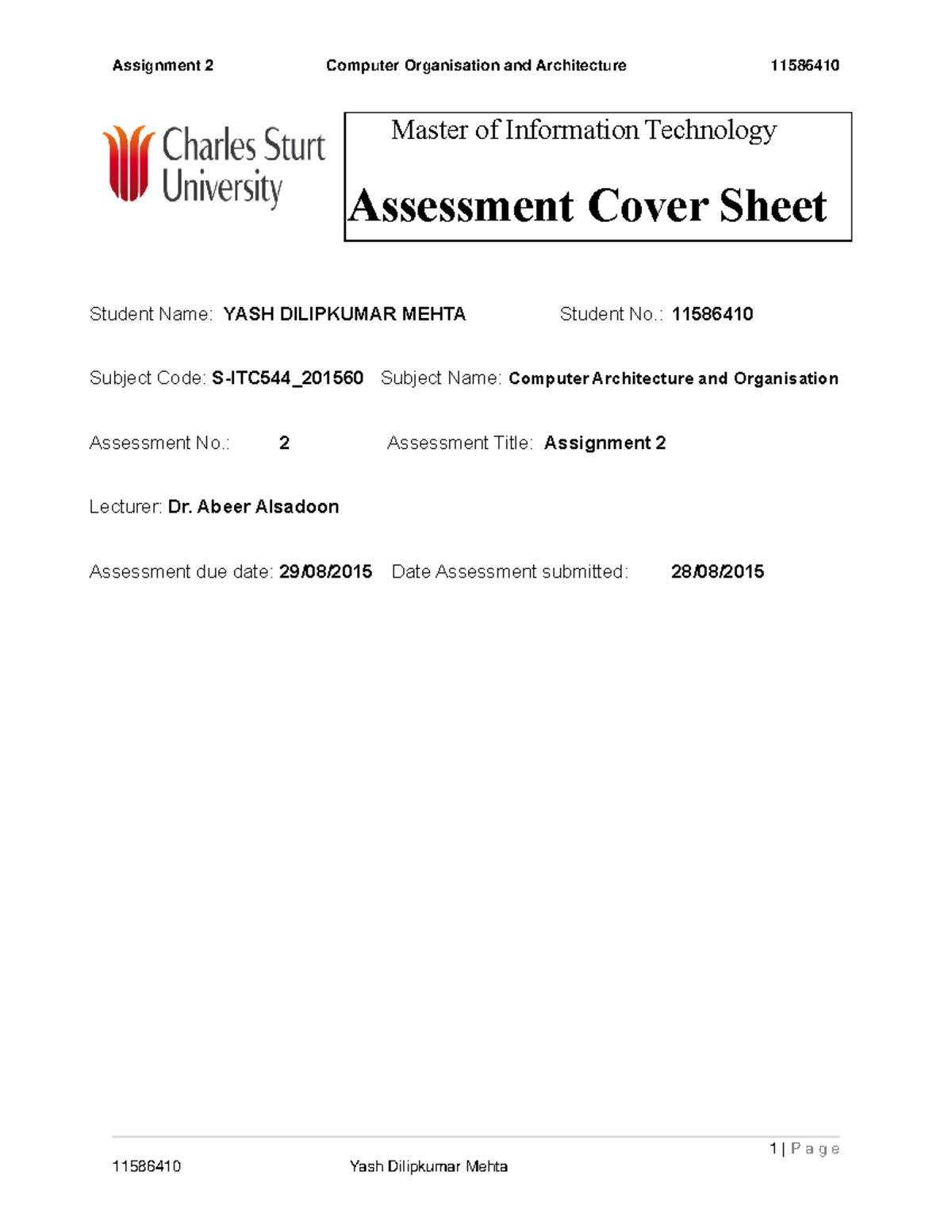 Computerorganisationandarchitecture 11586410 - Assignment 2 Computer ...