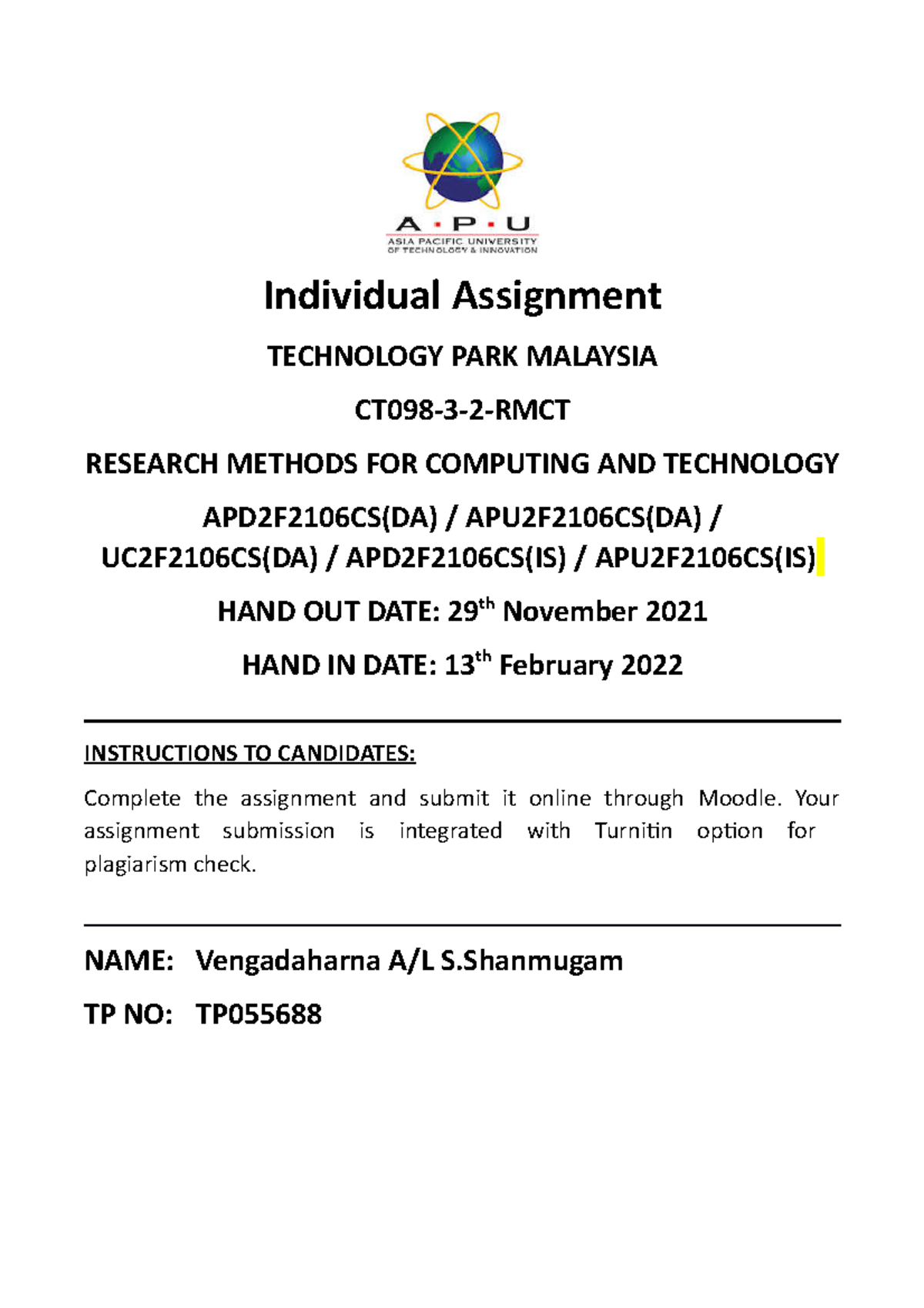 RMCT Project Proposal - Individual Assignment TECHNOLOGY PARK MALAYSIA CT098-3-2-RMCT RESEARCH ...