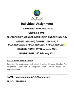 RMCT-Documentation - Individual Assignment TECHNOLOGY PARK MALAYSIA CT098-3-2-RMCT RESEARCH ...