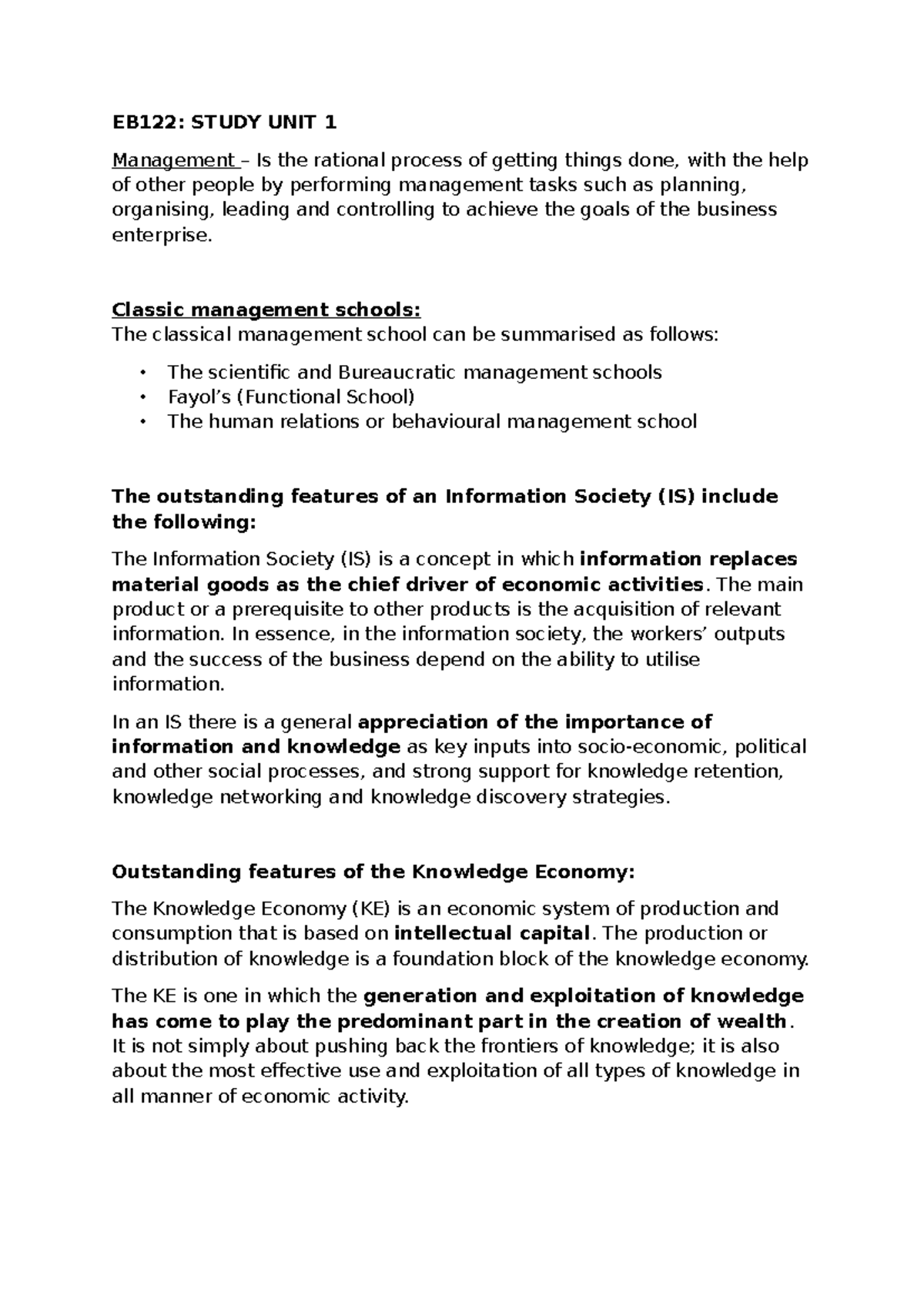 EB122 Unit 1 - UNIT 1 SUMMARIES - EB122: STUDY UNIT 1 Management – Is the rational process of ...
