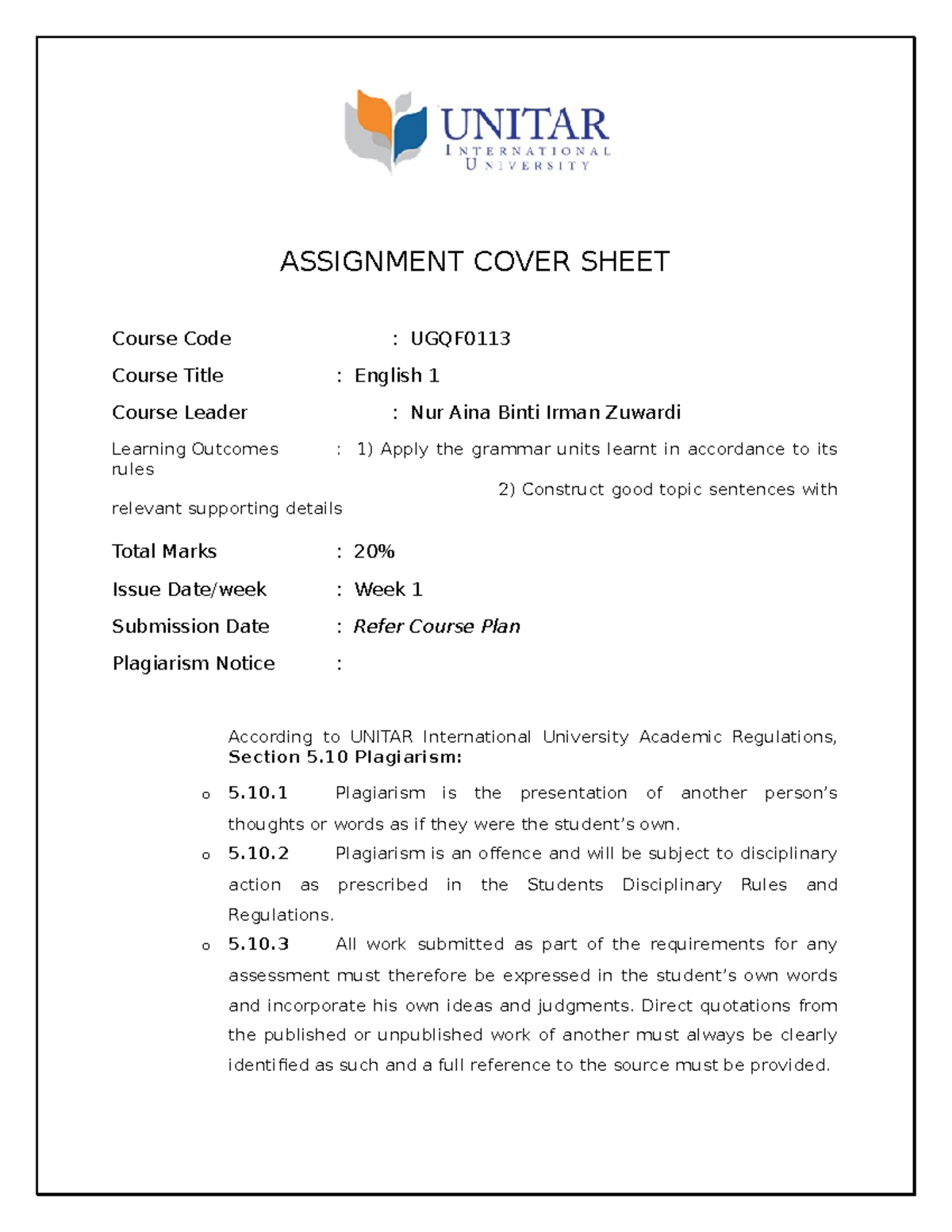 Assignment 1 Comic Strip hays Jan2021 - ASSIGNMENT COVER SHEET Course ...