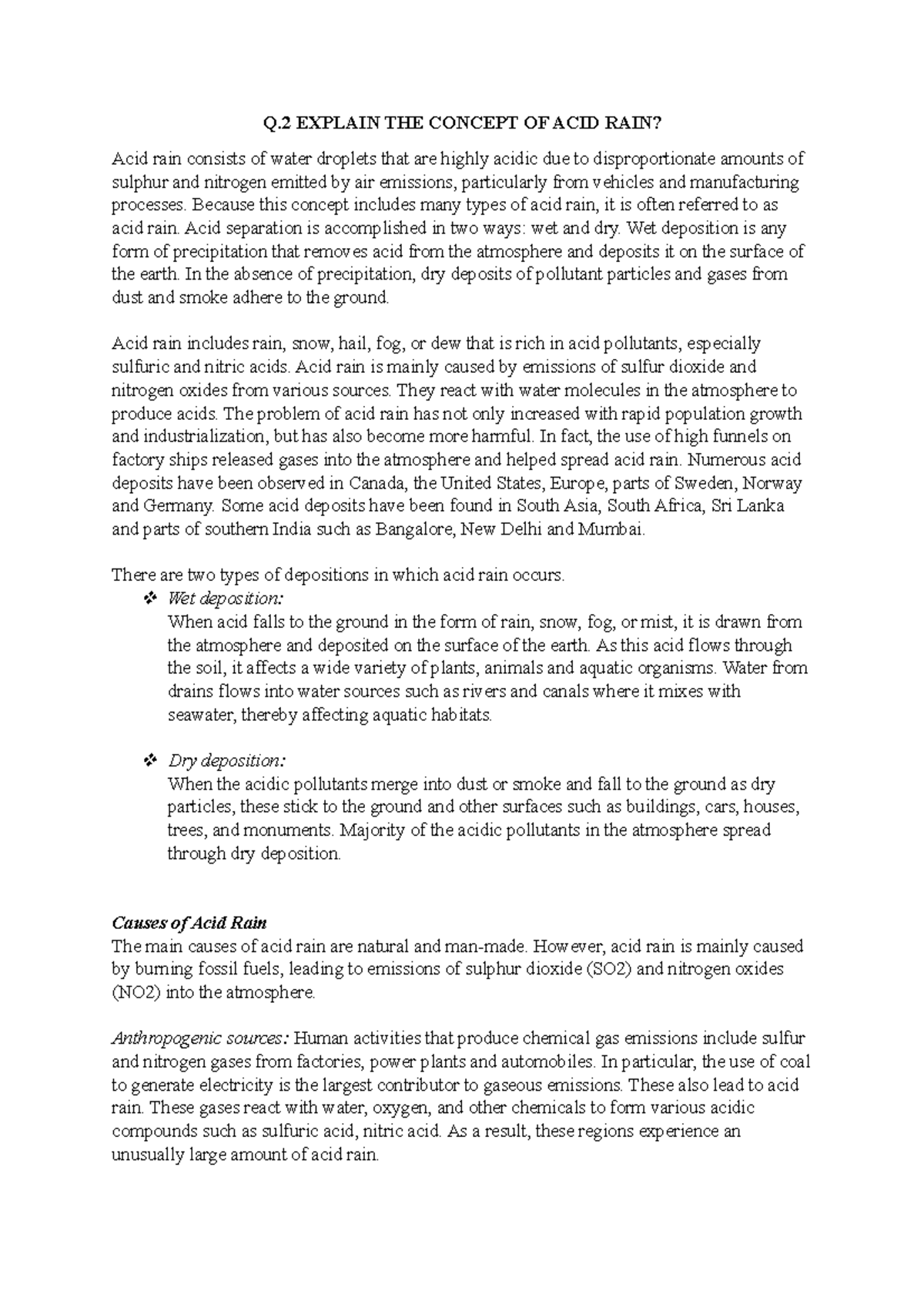 Essay Q 2 Explain the Concept of Acid Rain - Q EXPLAIN THE CONCEPT OF ...