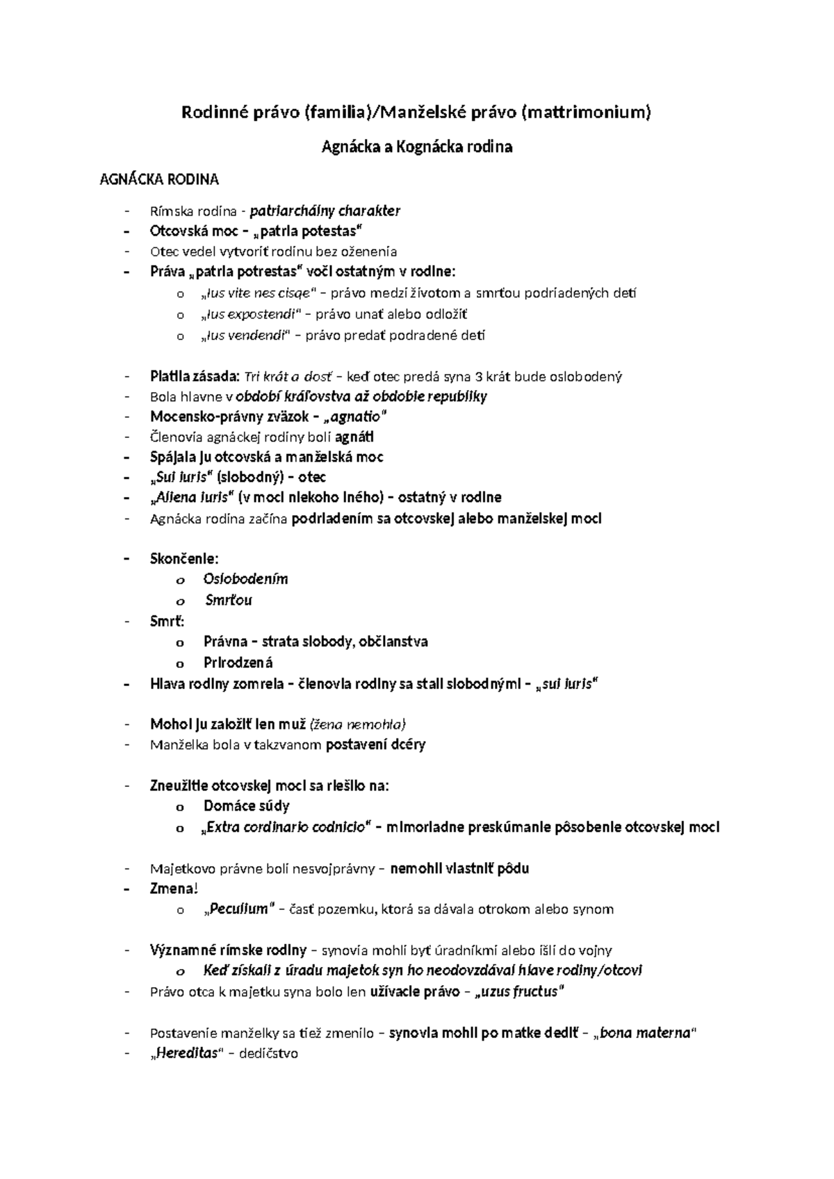 Rodinné a manželské právo - Rodinné právo (familia)/Manželské právo ...