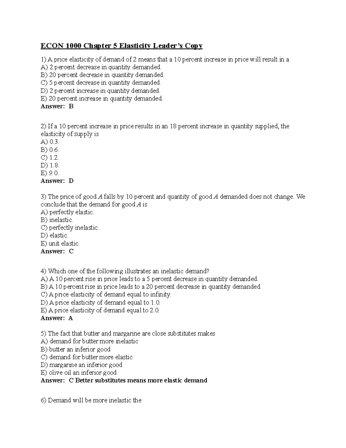 Chapter 5 Worksheet Leaders Copy - ECON 1000 Chapter 5 Elasticity ...