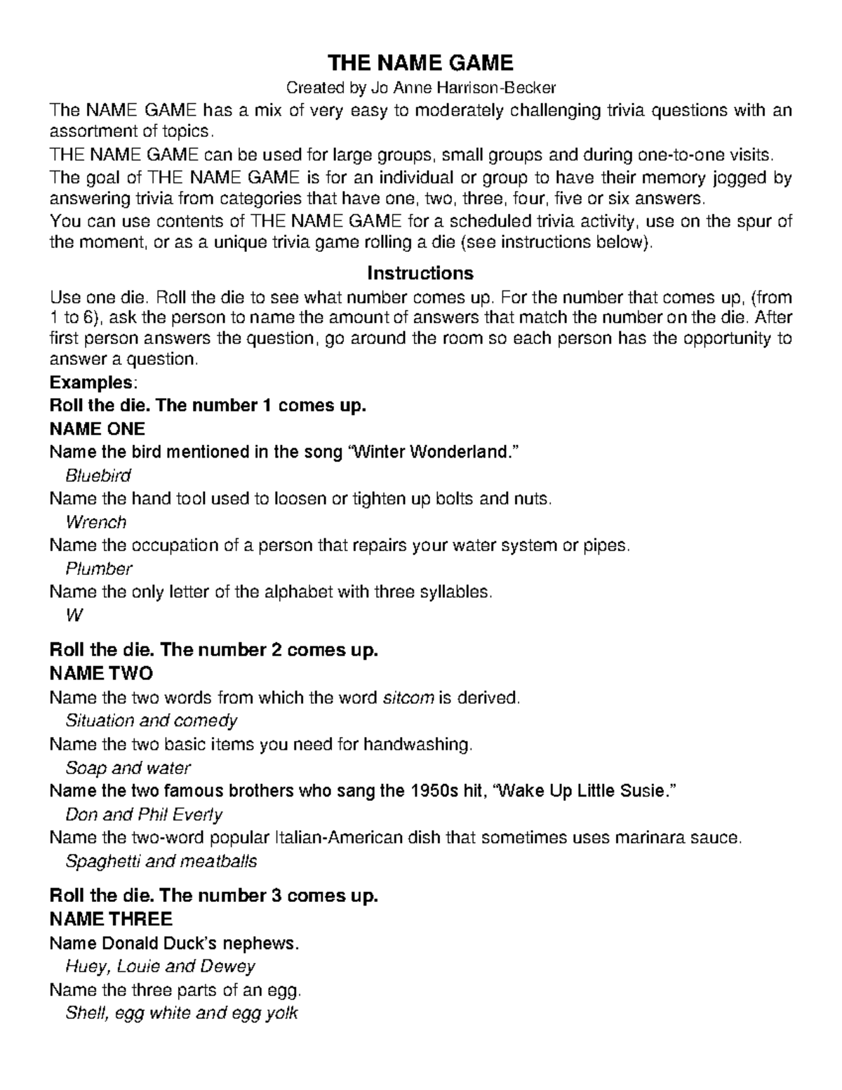The Name Game Rules For The Name Game Activity For A Classroom THE
