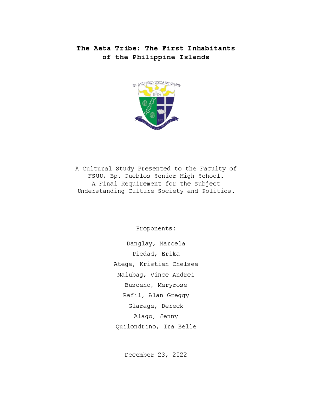 Cultural Paper- ST. JOHN PAUL II- Group 4 - The Aeta Tribe: The First ...