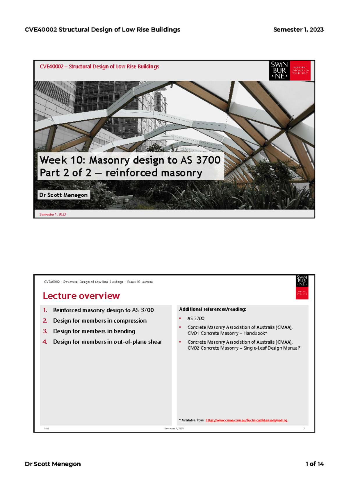 SJM CVE40002 2023-S1 Week-10 Lecture Masonry design to AS 3700 Part 2 ...