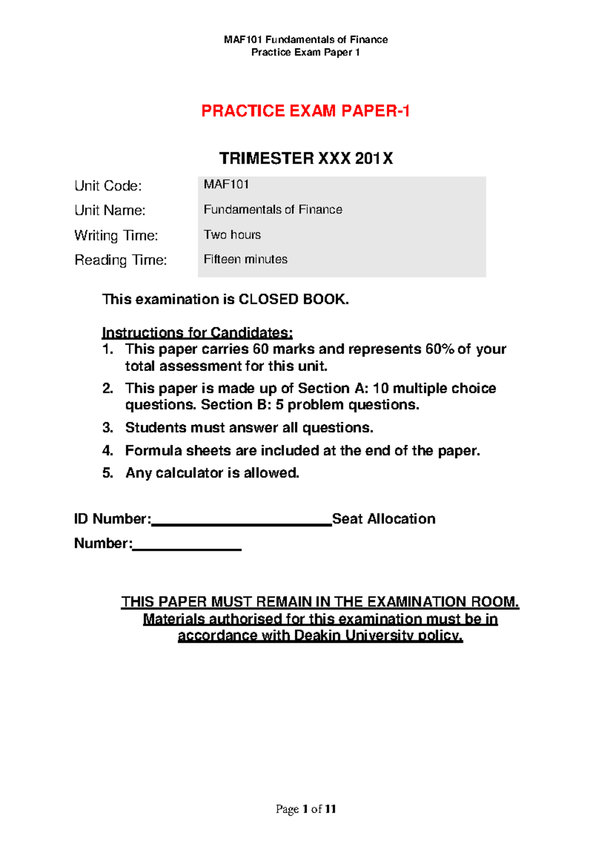 Sample/practice exam, answers - ####### Practice Exam Paper 1 PRACTICE ...