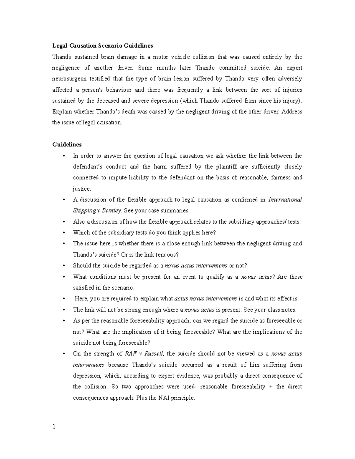 Delict Topic 7 Legal Causation Scenario With Guidelines - Legal ...