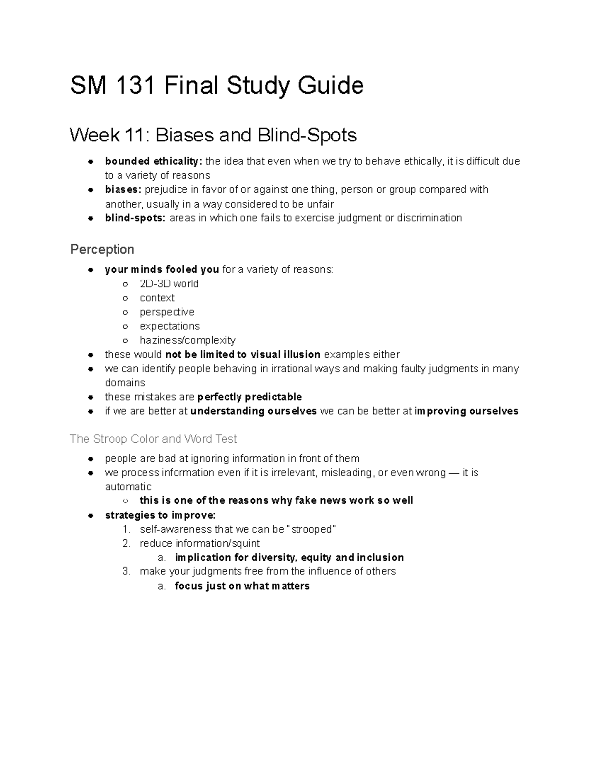 SM 131 Final Study Guide - SM 131 Final Study Guide Week 11: Biases and ...
