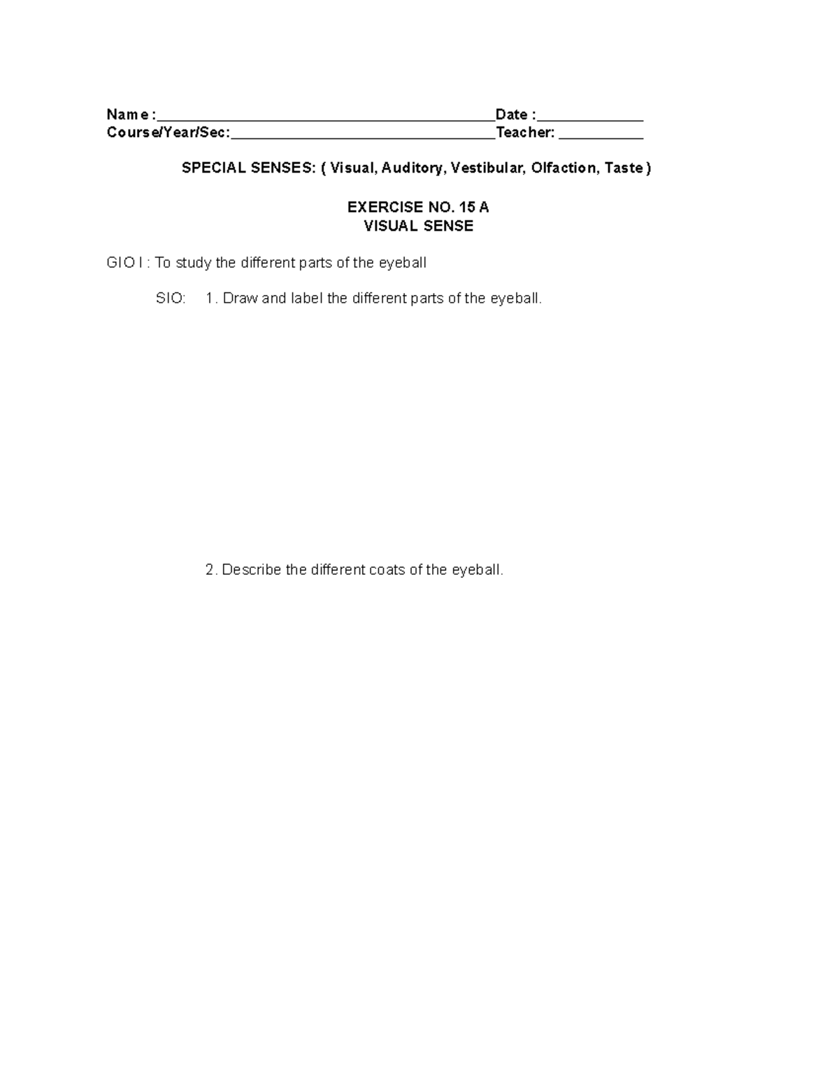 LAB Exercise Special Senses - Name : Date : Course/Year/Sec: Teacher ...