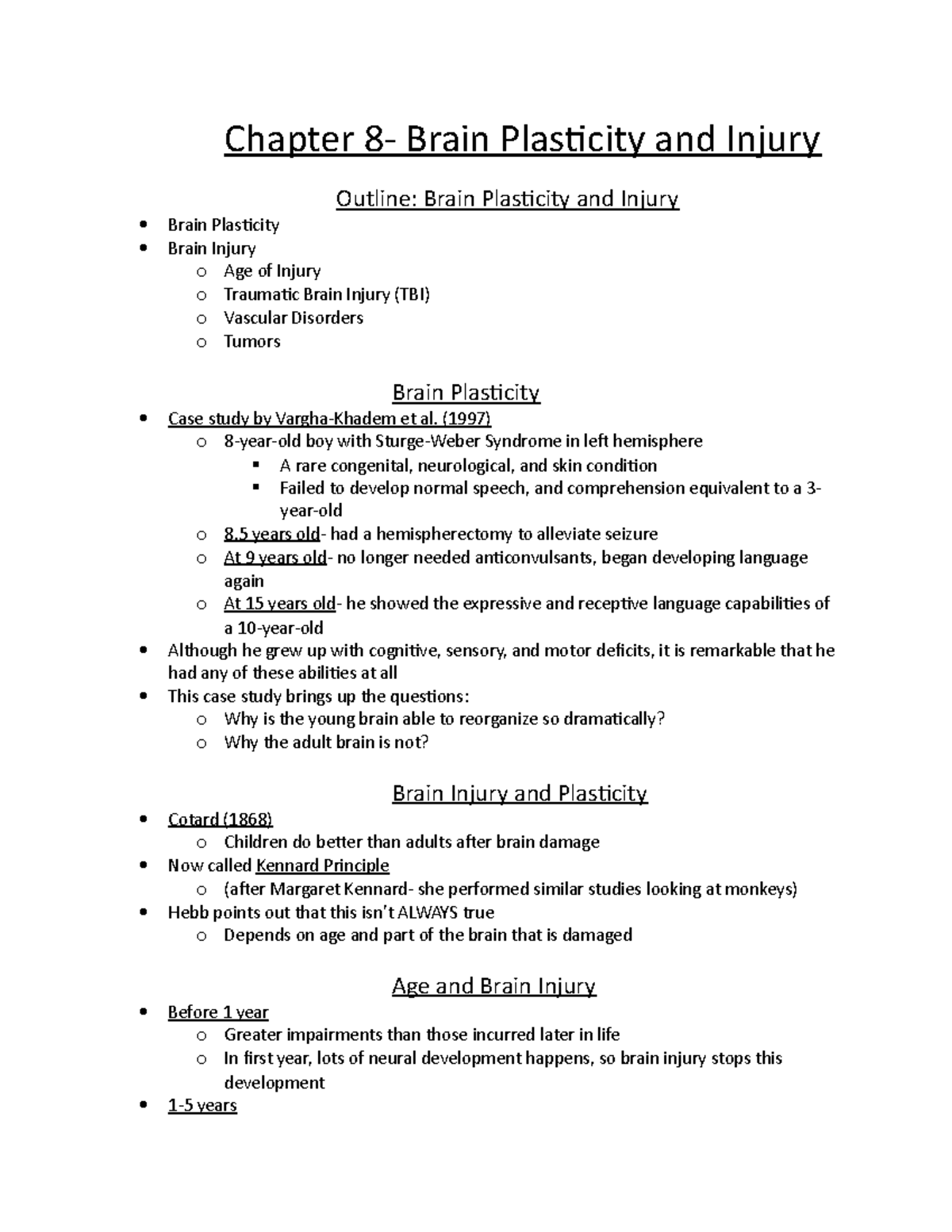 Chapter 8 notes Clinical Psychology - Chapter 8- Brain Plasticity and ...