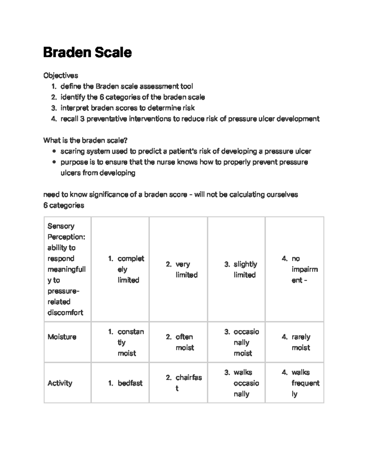 Braden Scale - UAH Traditional Nursing Program Dr. Guerra/Dr. Gentry ...