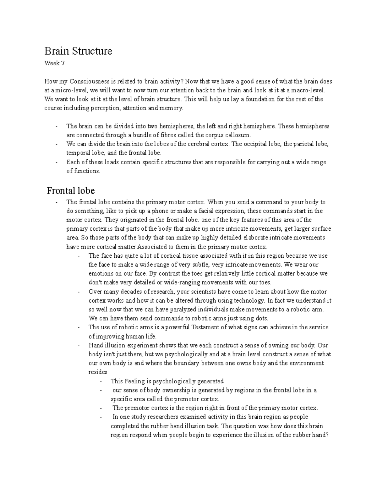 Psy Brain Structure Lecture Notes 7 Brain Structure Week 7 How My Consciousness Is Related
