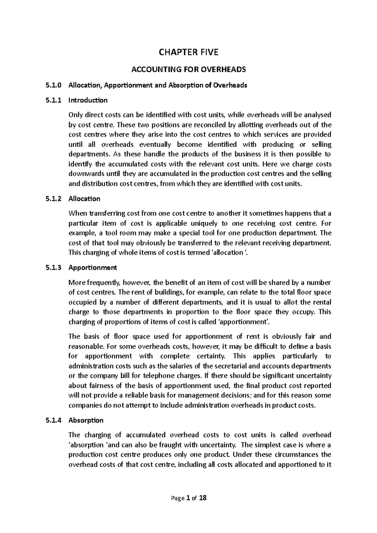 CMA Chapter five - good - CHAPTER FIVE ACCOUNTING FOR OVERHEADS 5.1 ...