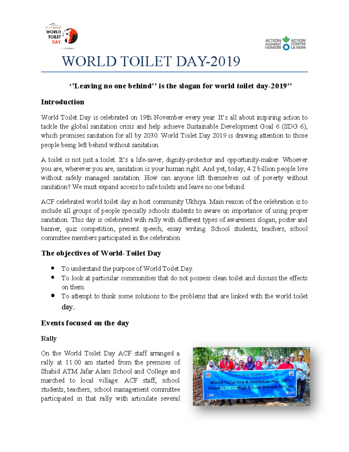 World toilet day Report - WORLD TOILET DAY- ‘’Leaving no one behind ...
