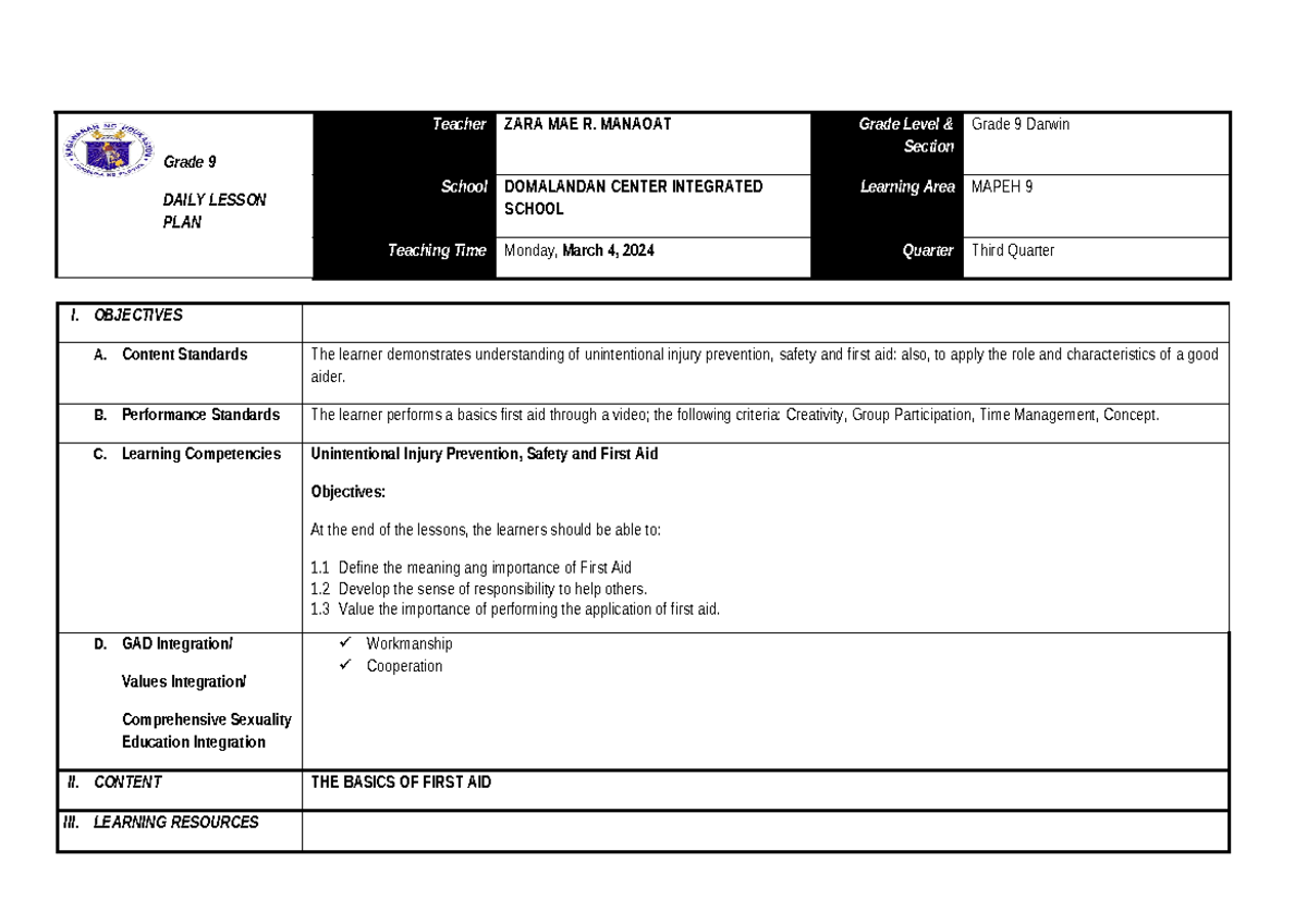 March 4 First Aid - Grade 9 DAILY LESSON PLAN Teacher ZARA MAE R ...