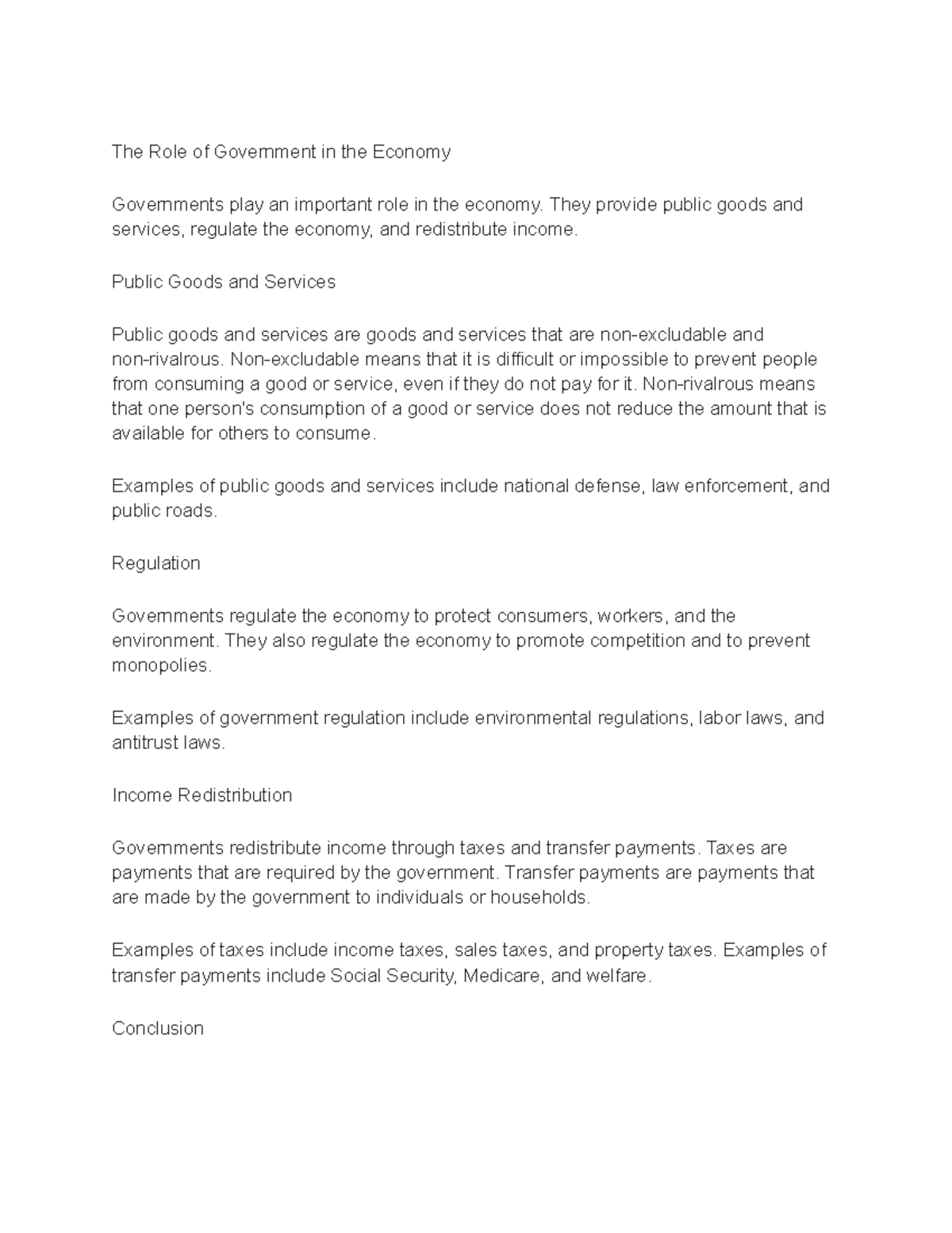 Lecture note for Economy 101, Lecture 3 - The Role of Government in the ...