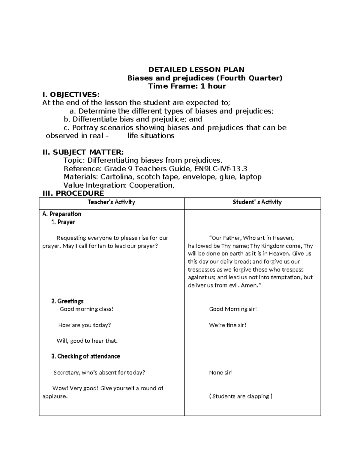 Tacoy - REPPP - DETAILED LESSON PLAN Biases and prejudices (Fourth ...