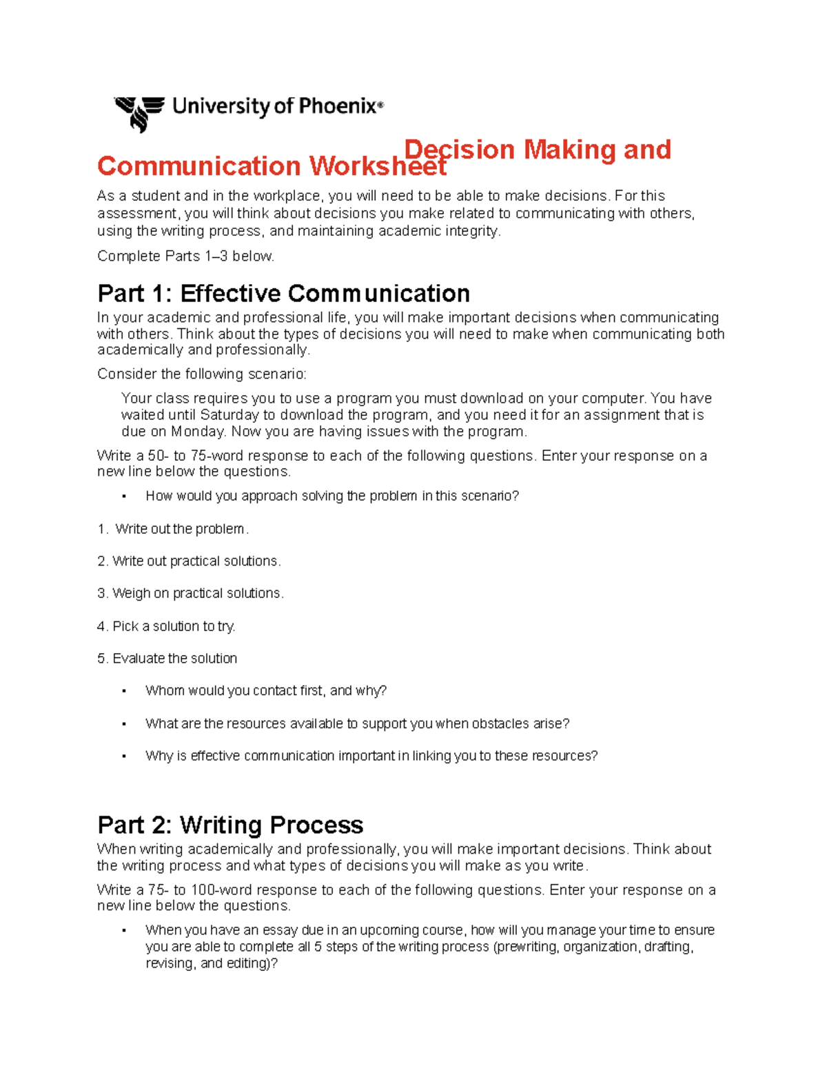 Gen201 v12 wk3 decision making and communication worksheet - Decision ...