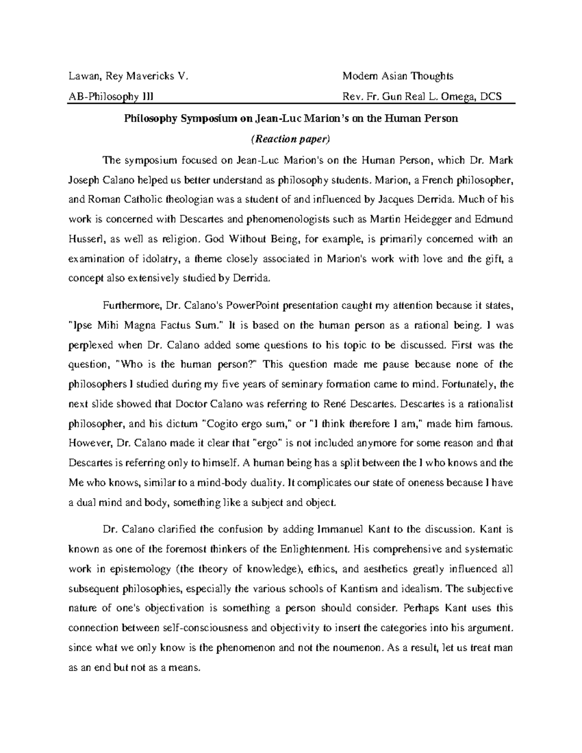 Modern Asian Thoughts - reaction paper - Lawan, Rey Mavericks V. Modern ...