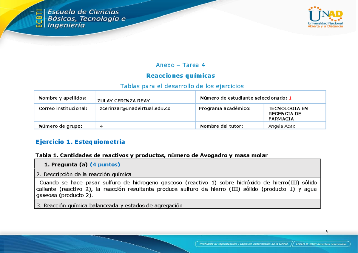 Tarea 4 anexo 4 asasasda - Anexo – Tarea 4 Reacciones químicas Tablas para el desarrollo de los ...