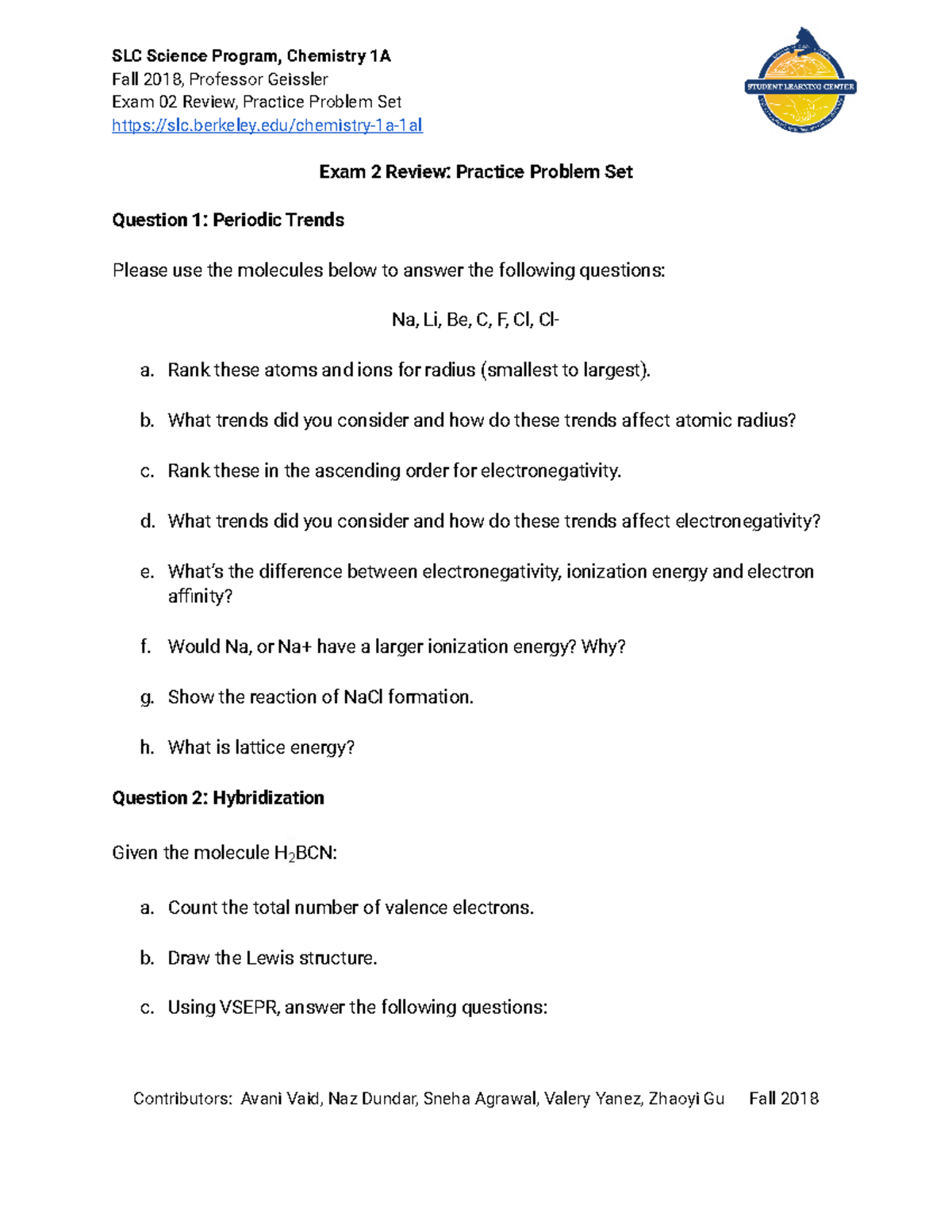 SLC Problem Set - 1111111 - SLC Science Program, Chemistry 1AFall 2018 ...