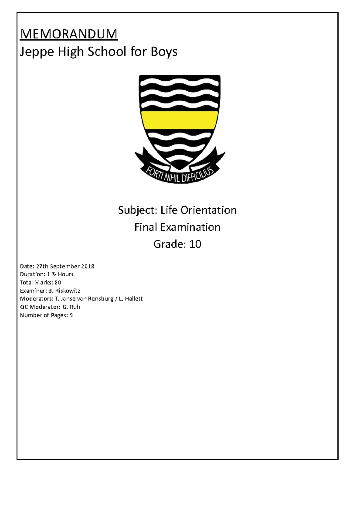 MEMO Grade 10 LO Exam Term 4 2018 Fina - MEMORANDUM Jeppe High School ...
