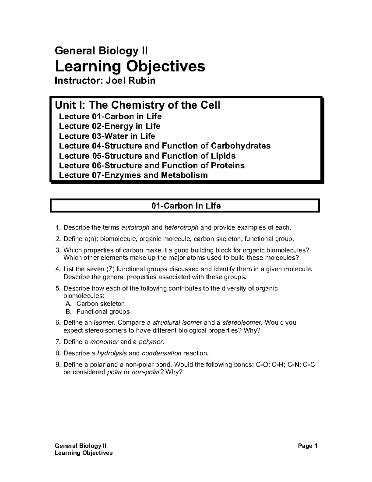 BZE W24-Learning Objectives-Unit I 1-7 - General Biology II Page 1 ...