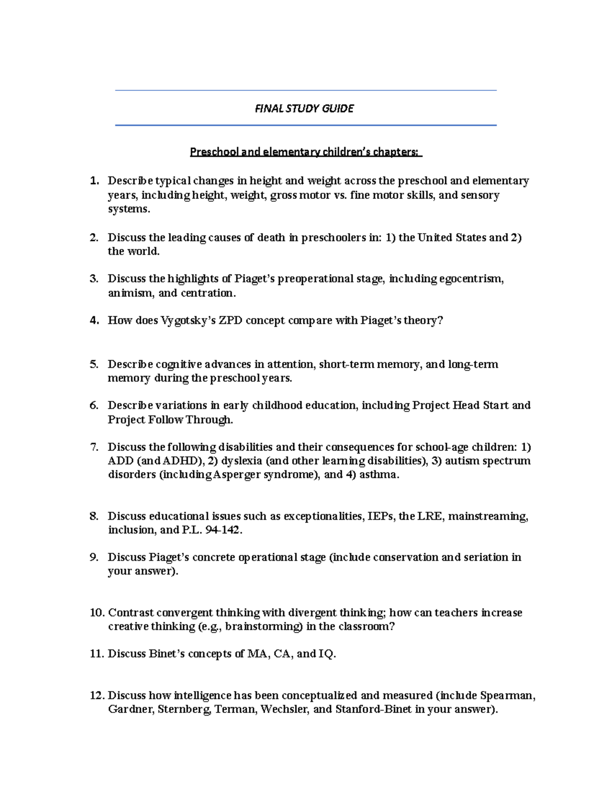 Final Study Guide - FINAL STUDY GUIDE Preschool and elementary children ...