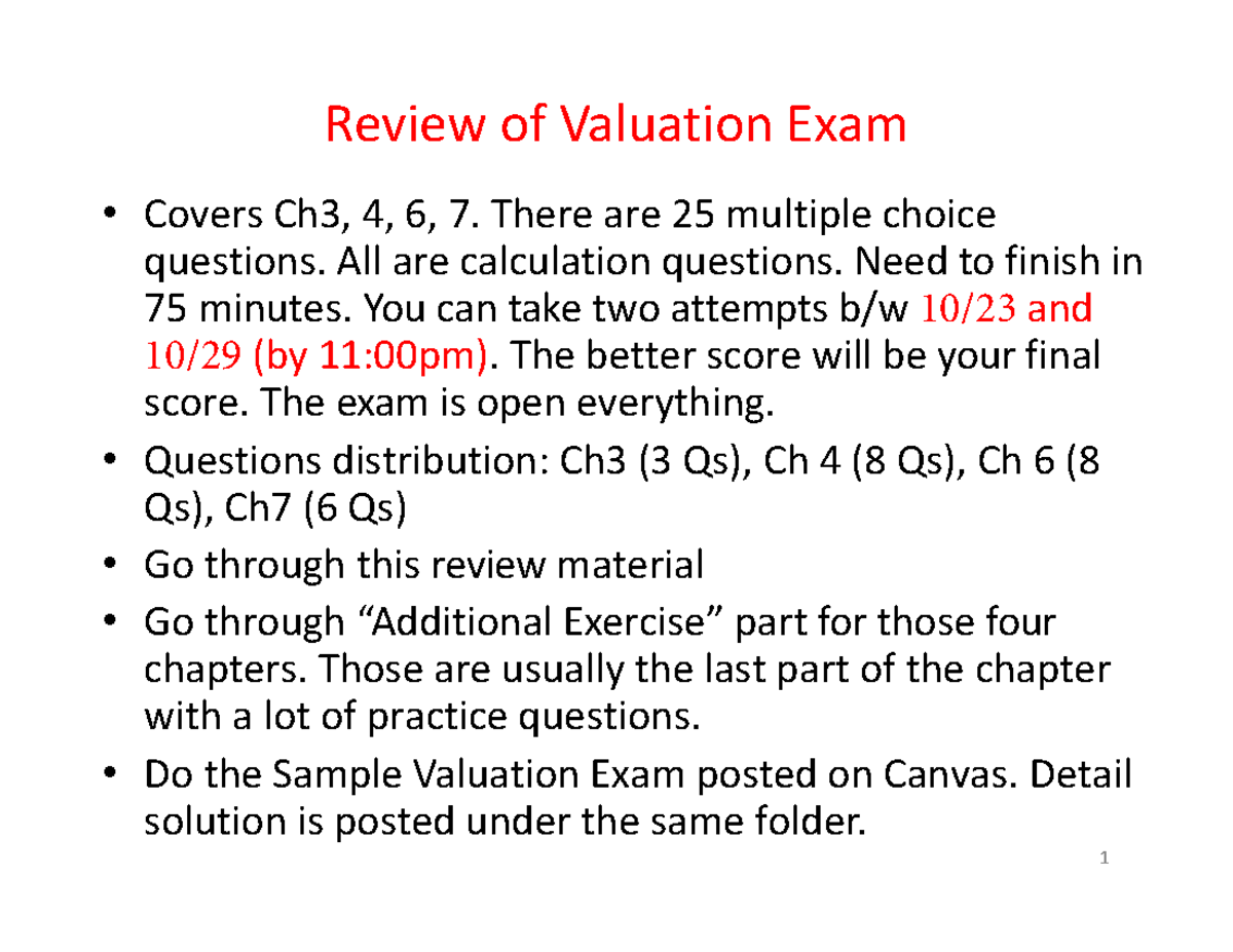 Valuation Exam Study Guide - 1 Review of Valuation Exam • Covers Ch3, 4 ...
