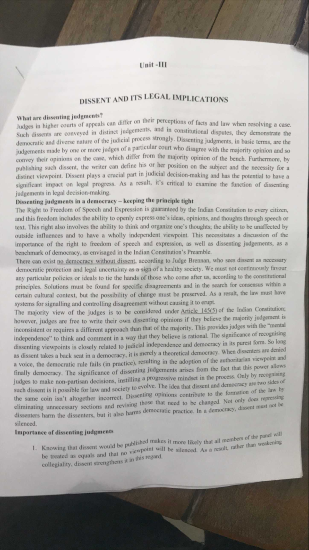 LGJ unit 3 - NOTES ON LAW AND JUSTICE OF GLOBALIZATION - Unit DISSENT ...