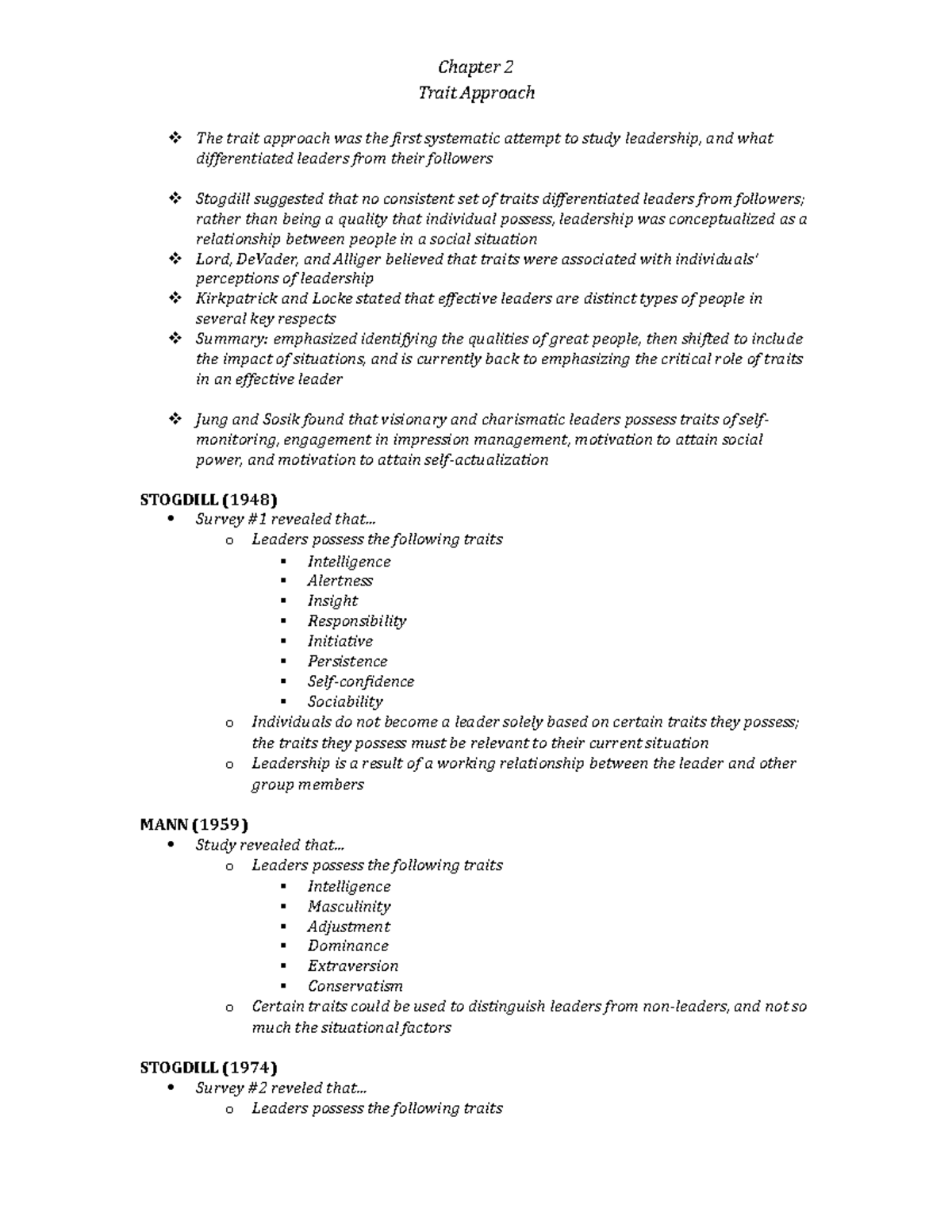 Hrob2010 Chapter 2 Trait Approach Chapter 2 Trait Approach The Trait Approach Was The