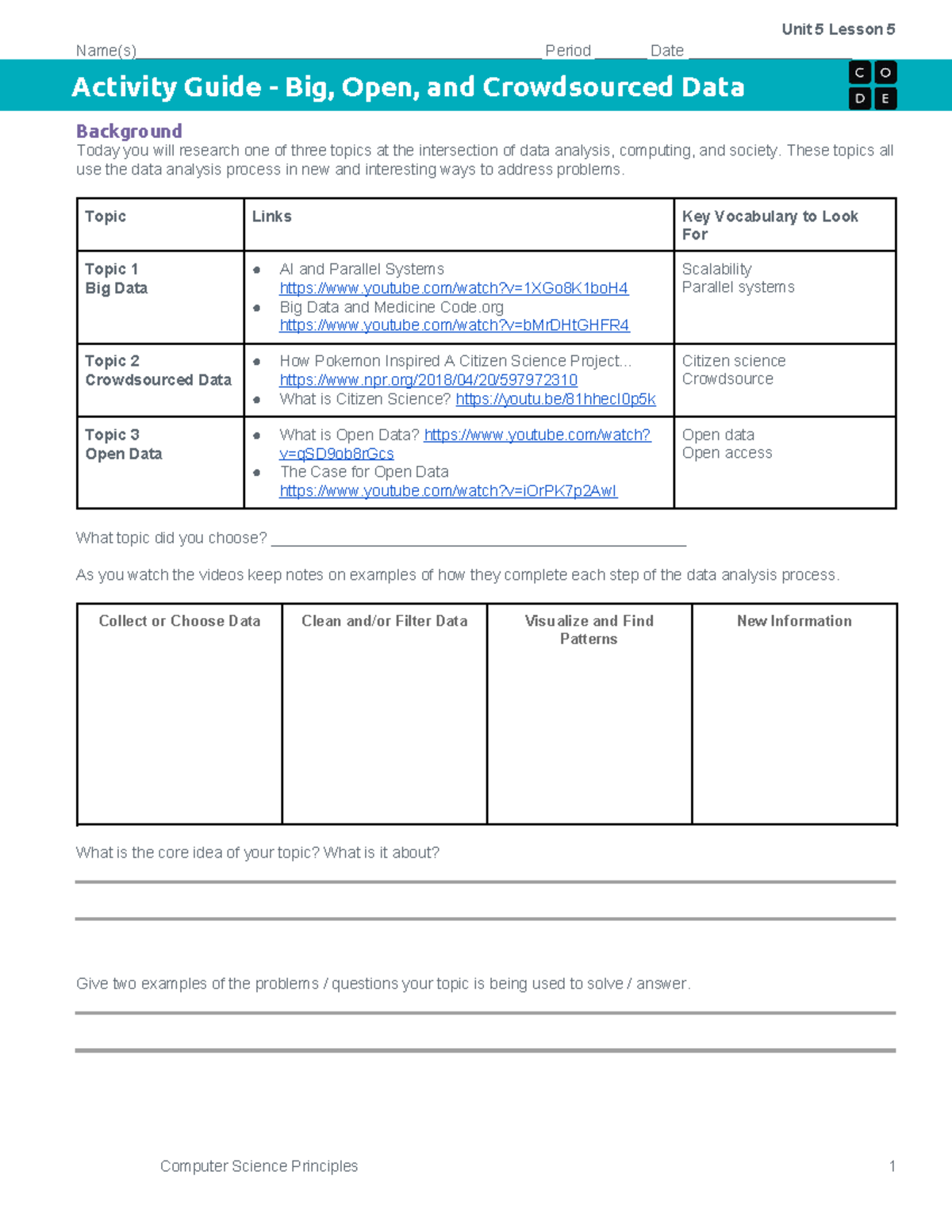 Activity Guide - Big, Open, and Crowdsourced Data - Unit 5 Lesson 5 ...