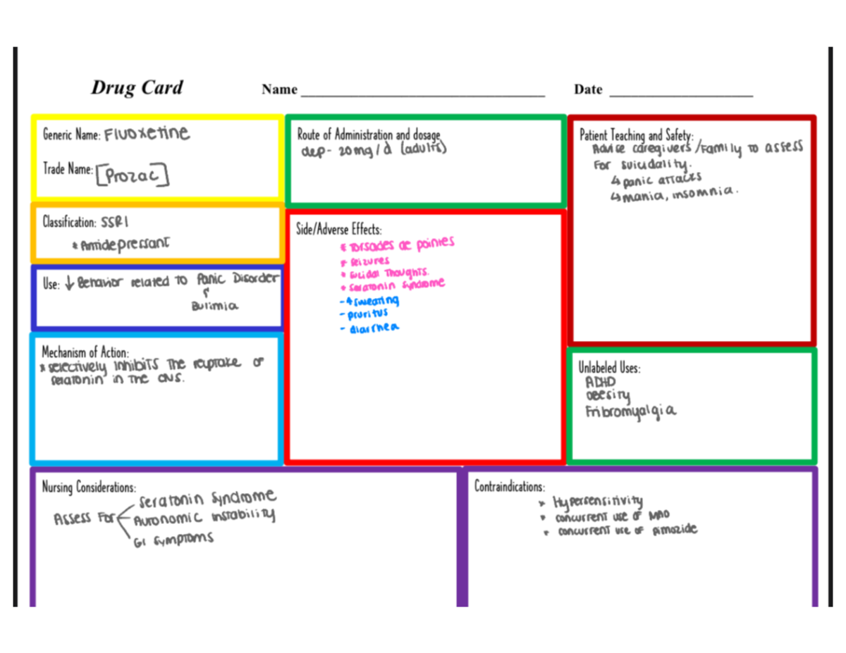 Med card Prozac - Drug Card Name Date Generic Name: Fluoxetine Route of ...