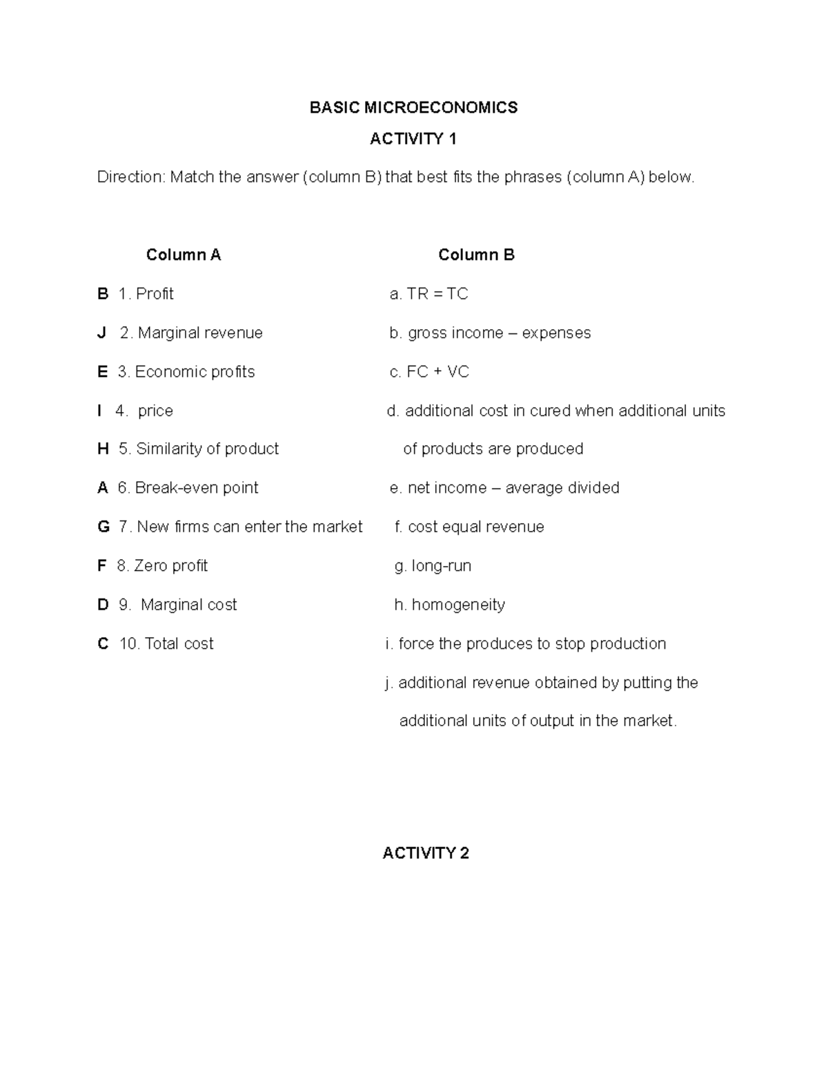 Basicmicro 7 - notes - BASIC MICROECONOMICS ACTIVITY 1 Direction: Match ...