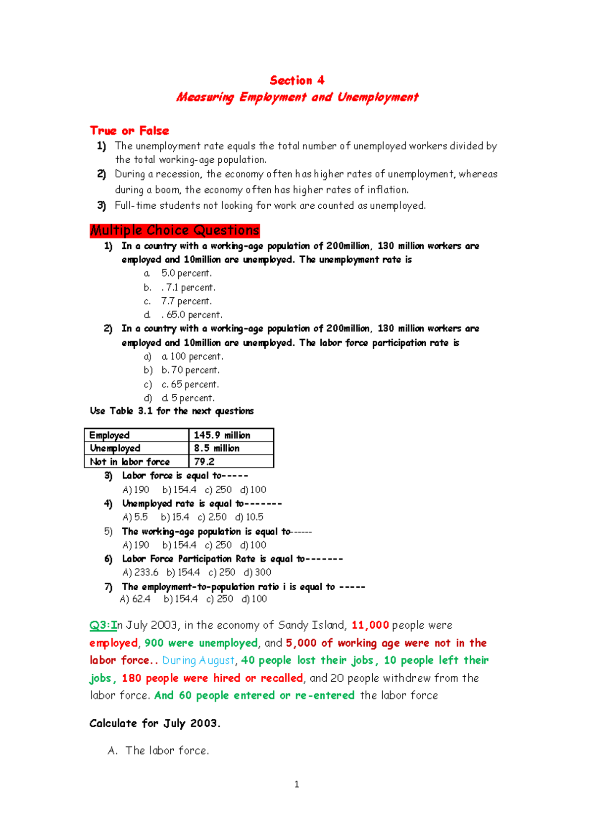 Section stu+4 - 1 Section 4 Measuring Employment and Unemployment True ...